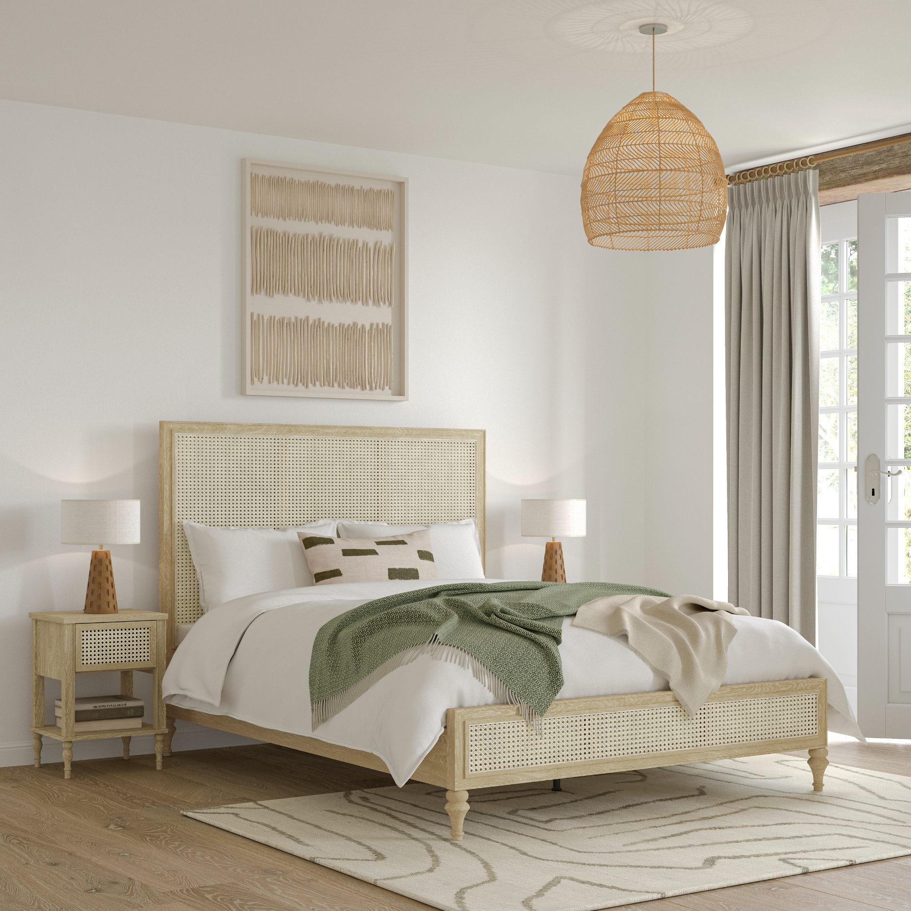 Light Vintage Rattan Bed | Feather & Black